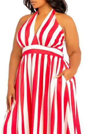 BUXOM COUTURE Stripe Halter Maxi Dress