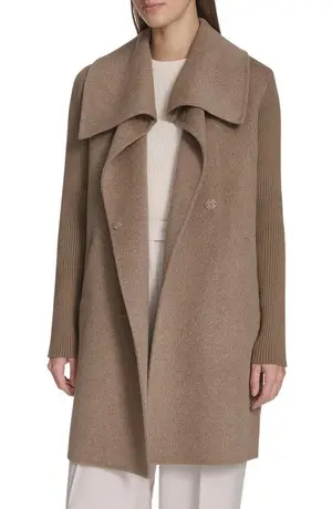 KENNETH COLE Rib Sleeve Mixed Media Coat - Nutmeg