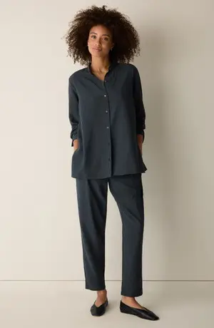 Eileen Fisher Oversize Band Collar Button-up Shirt