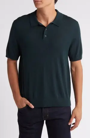 Vince Short Sleeve Merino Wool Polo Sweater Deep Pine