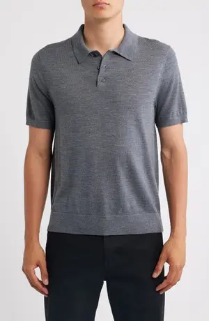 Vince Short Sleeve Merino Wool Polo Sweater - Medium Heather Grey
