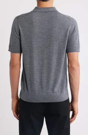Vince Short Sleeve Merino Wool Polo Sweater - Medium Heather Grey
