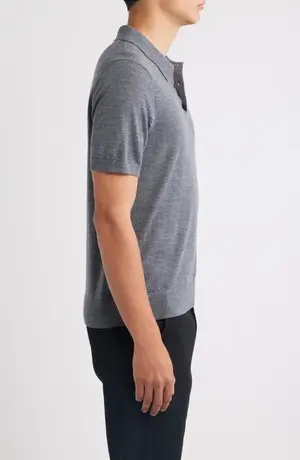 Vince Short Sleeve Merino Wool Polo Sweater - Medium Heather Grey