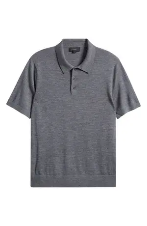 Vince Short Sleeve Merino Wool Polo Sweater - Medium Heather Grey
