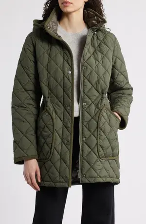 Bernardo Diamond Quilted Puffer Coat With Hood - Olive
