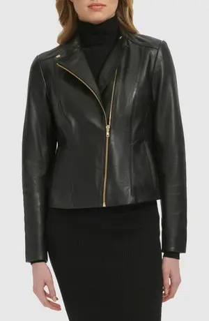 Cole Haan Band Collar Leather Moto Jacket - Black