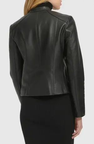 Cole Haan Band Collar Leather Moto Jacket - Black