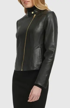 Cole Haan Band Collar Leather Moto Jacket - Black