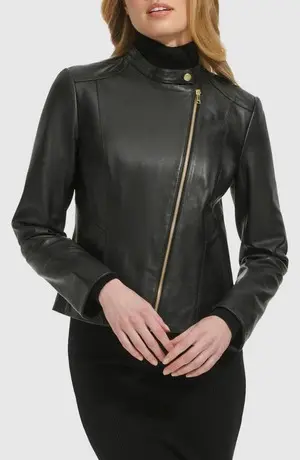 Cole Haan Band Collar Leather Moto Jacket - Black