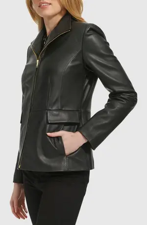Cole Haan Wing Collar Leather Jacket - Black