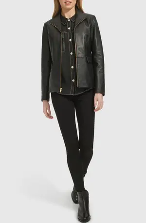 Cole Haan Wing Collar Leather Jacket - Black
