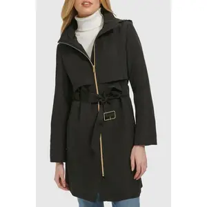 Cole Haan Belted Packable Hooded Rain Jacket - Black