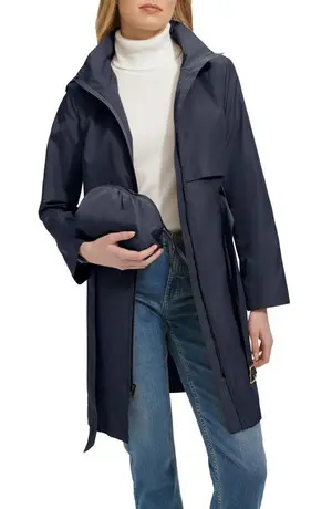Cole Haan Belted Packable Hooded Rain Jacket - Indigo