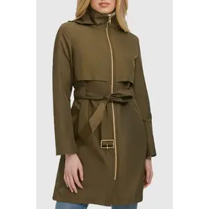 Cole Haan Belted Packable Hooded Rain Jacket - Olive