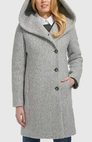 Cole Haan Pressed Bouclé Shawl Hood Coat - Light Grey