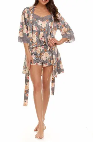 Flora Nikrooz Sabrina Floral Print Satin Short Pajamas & Robe Set Grey