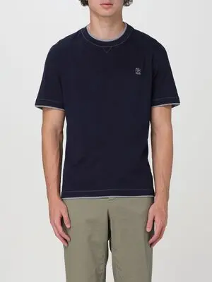 Brunello Cucinelli Slim Fit Cotton T-shirt With Contrast Trim And Logo Blue
