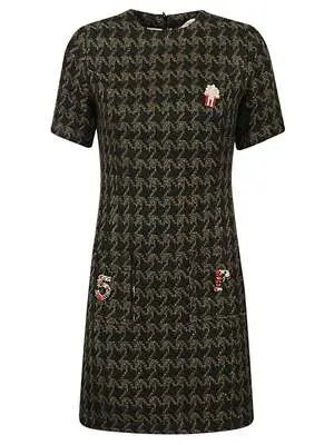 5 PROGRESS Houndstooth Wool Blend Short Dress - Green
