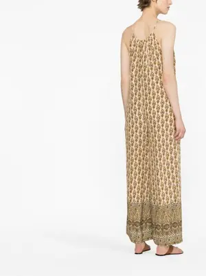Gold Hawk Printed Silk Provence Jumpsuit - Beige