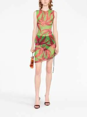 LOUISA BALLOU Floral Print Ruched Dress - Green