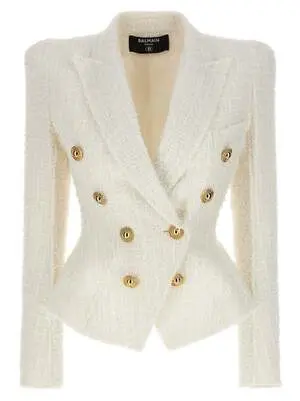 Balmain Double Breasted Tweed Blazer With Logo Buttons