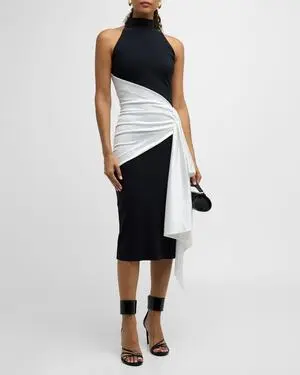 Chiara Boni La Petite Robe Draped Bodycon Halter Midi Dress - Blackwhite |  Editorialist