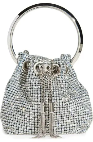 JIMMY CHOO Micro Bon Bon Crystal Mesh Top Handle Pouch - Silver