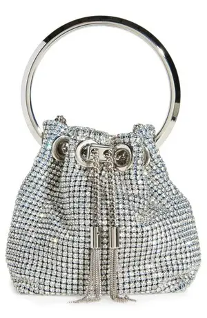JIMMY CHOO Micro Bon Bon Crystal Mesh Top Handle Pouch - Silver