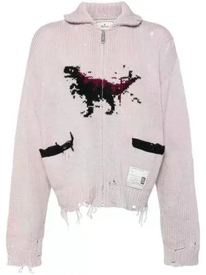 Mihara Yasuhiro Dinosaur-intarsia Distressed Cardigan - Pink