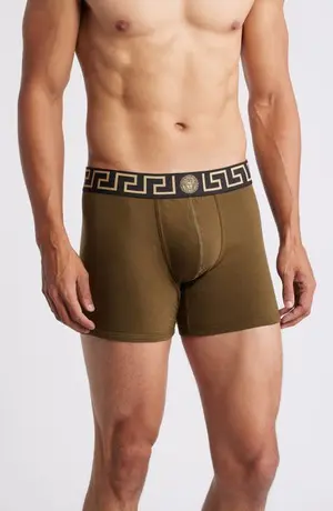 Versace Greek Key Jersey Boxer Briefs Dark Olive Black-gold