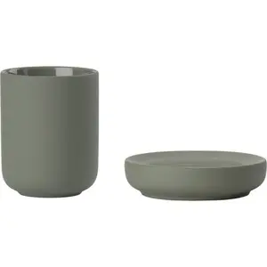 ZONE DENMARK Ume Soap Dish & Toothbrush Mug Stoneware Set - Olive Green