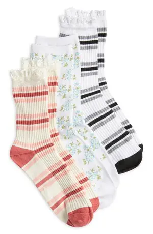 K BELL SOCKS Spring Stripes Ruffle 3-pack Crew Socks - White/ Assorted