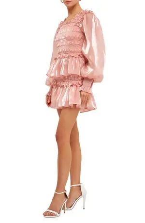 Endless Rose Metallic Sheen Long Sleeve Ruffle Mini Dress