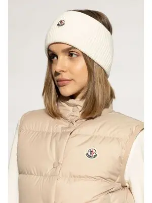 Moncler Logo-Patch Ribbed-Knit Headband - Neutrals  display picture 3