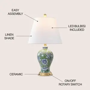 JONATHAN Y Grace French Country Cottage Ceramic/iron Floral Urn Led Table Lamp - Green/white