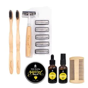 PURSONIC Beard Care Grooming Kit & Eco Friendly Razor + Toothbrushes Combo Pack - Multicolor