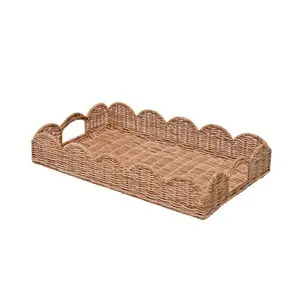 HAPPIMESS Scalloped 21.5" Southwestern Cottage Hand-woven Rattan Tray With Handles - Light Brown