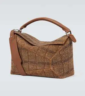 Loewe Loewe Puzzle Large Tartan Suede Shoulder Bag Brown