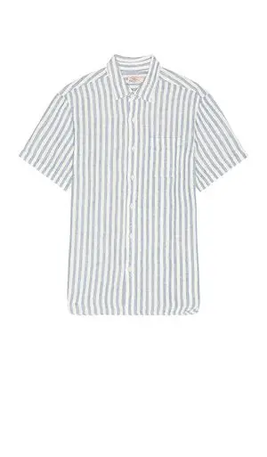 Faherty Brand Faherty Short Sleeve Palma Linen Shirt In Blue. Horizon Ivory Stripe