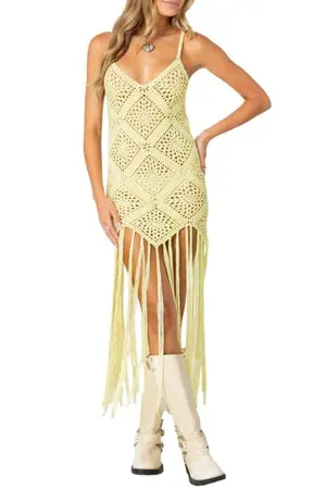 EDIKTED Fringe Open Knit Minidress - Yellow