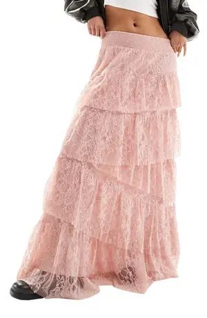 MISS SELFRIDGE Tiered Lace Maxi Skirt - Light Pink