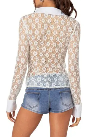 EDIKTED Cecilia Floral Lace Button-up Top