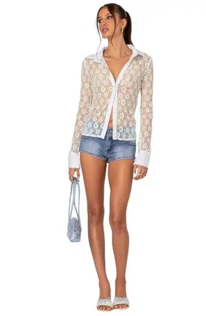 EDIKTED Cecilia Floral Lace Button-up Top