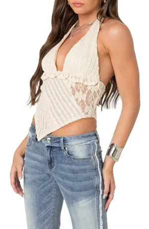 EDIKTED Quinta Lacy Triangle Hem Halter Top