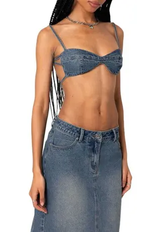 EDIKTED Lassy Tie Back Denim Bralette