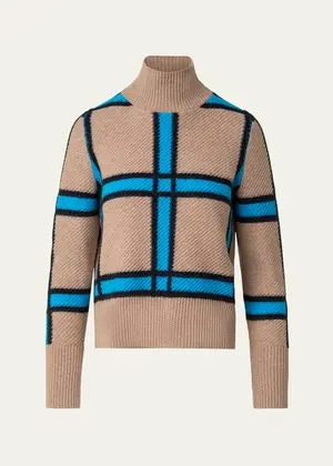 Akris Cashmere-Blend Window Check Knit Sweater - Caramel-turquoise