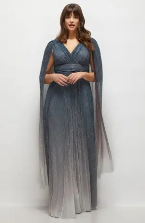After Six Metallic Cape Sleeve Gown