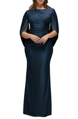 After Six Cape Sleeve Satin Gown - Midnight