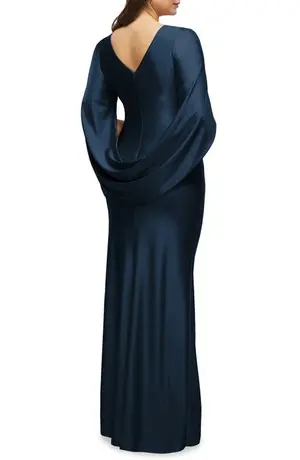 After Six Cape Sleeve Satin Gown - Midnight