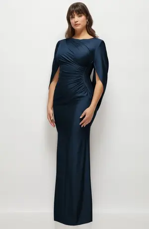 After Six Cape Sleeve Satin Gown - Midnight